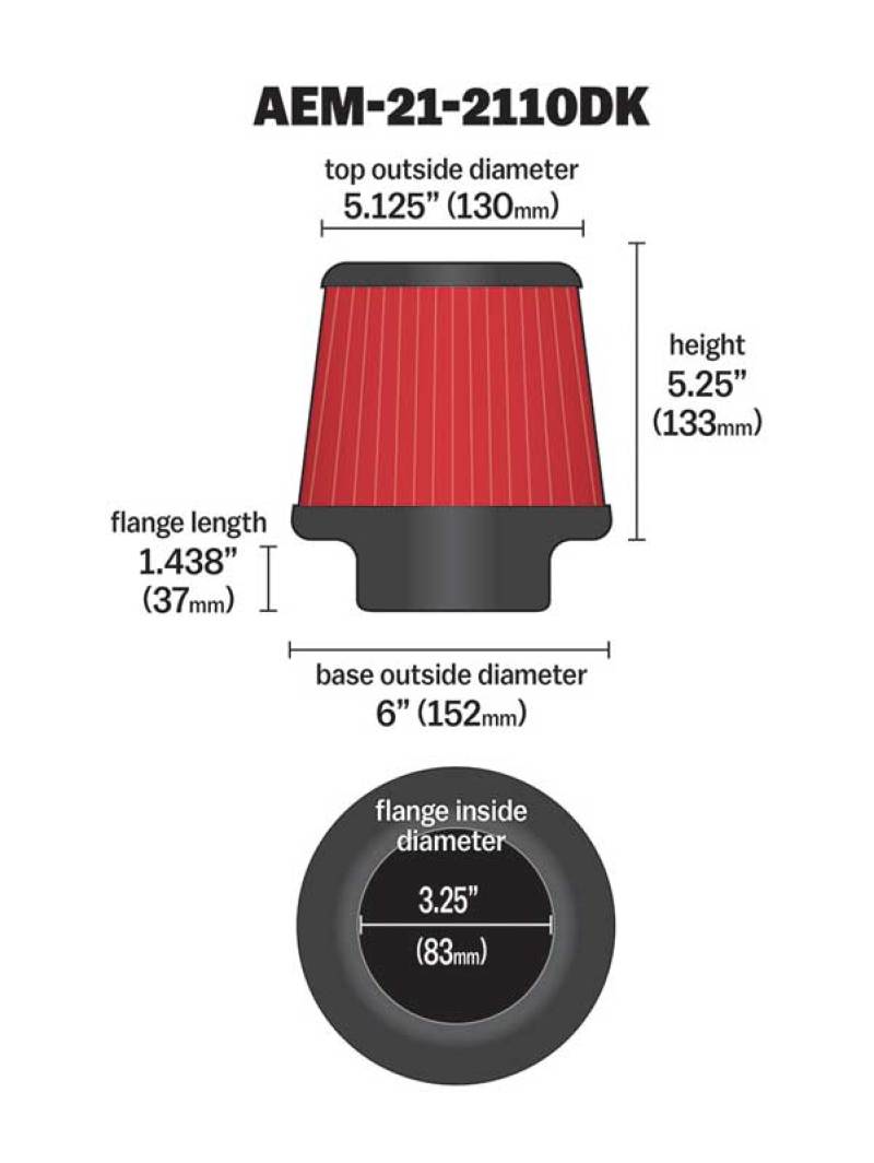 AEM 3.25 inch DRY Flow Short Neck 5 inch Element Filter Replacement ...